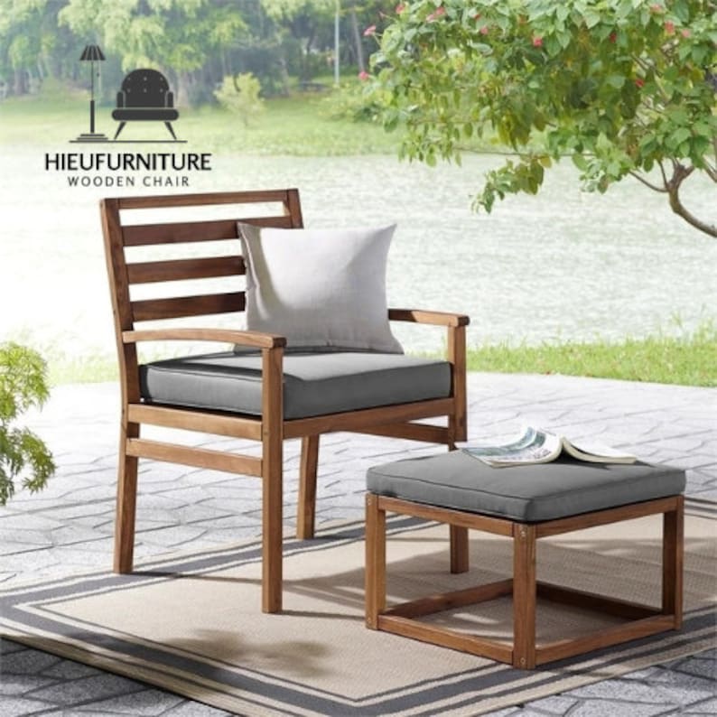Acacia Wood Outdoor Patio Chair & Pull Out Ottoman Brown - Etsy