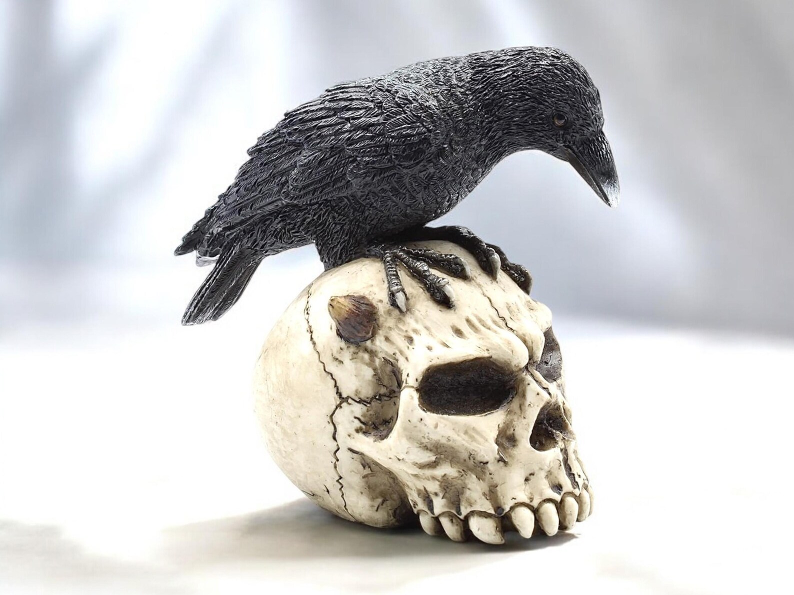 Raccoon Home Skull and Raven Statue - Unique Cold Cast Resin & Marble ...