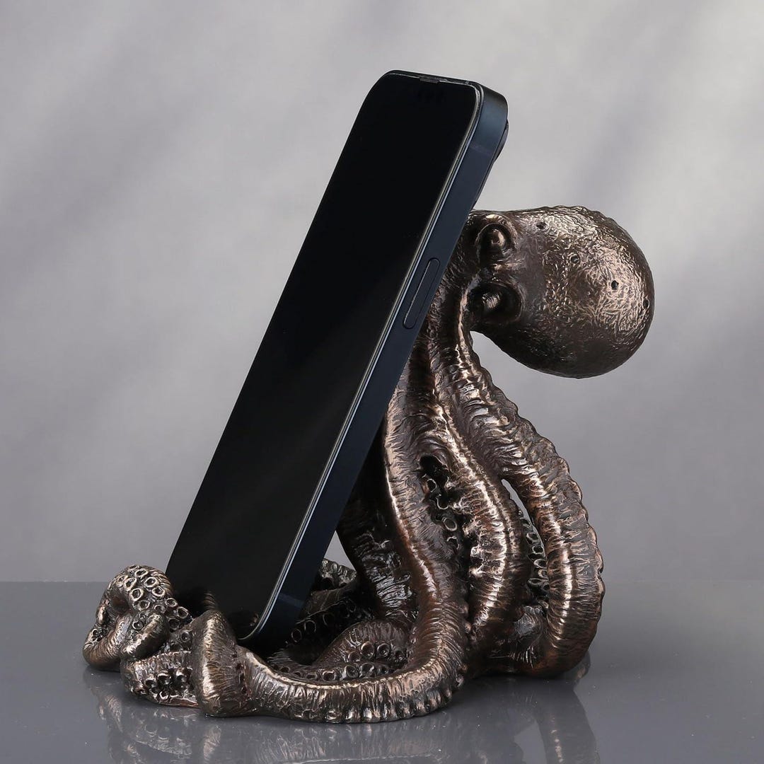 Octopus Phone Holder Sculpture - Cold Cast Resin & Marble Powder, Home ...
