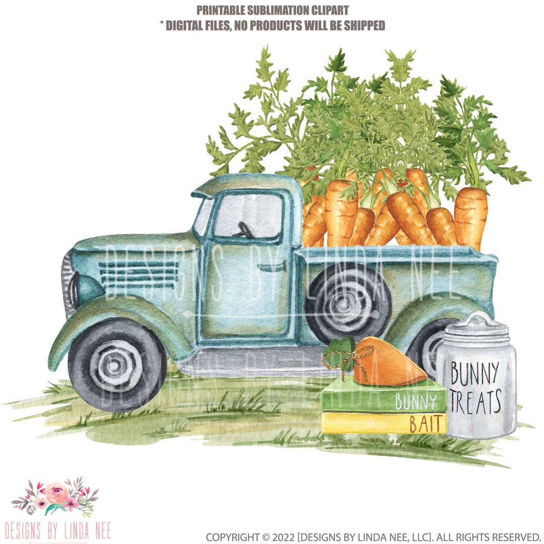 Easter Bunny Truck PNG, Bunny Treats, Rustic Truck Carrots Watercolor ...