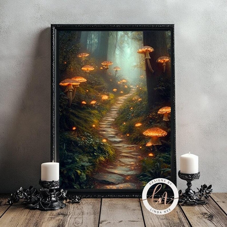 Enchanted Mushroom Forest Path — Printable Wall Art, Glowing Woodland ...