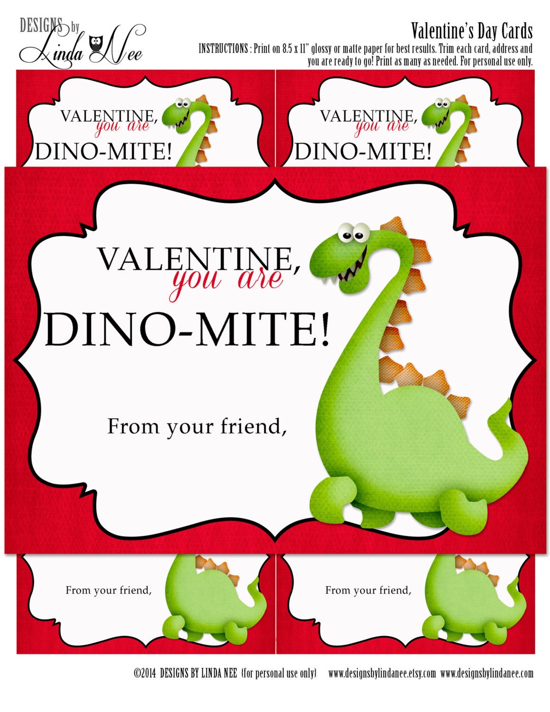 Valentine's Day Card Classroom Dino-mite Valentine's - Etsy