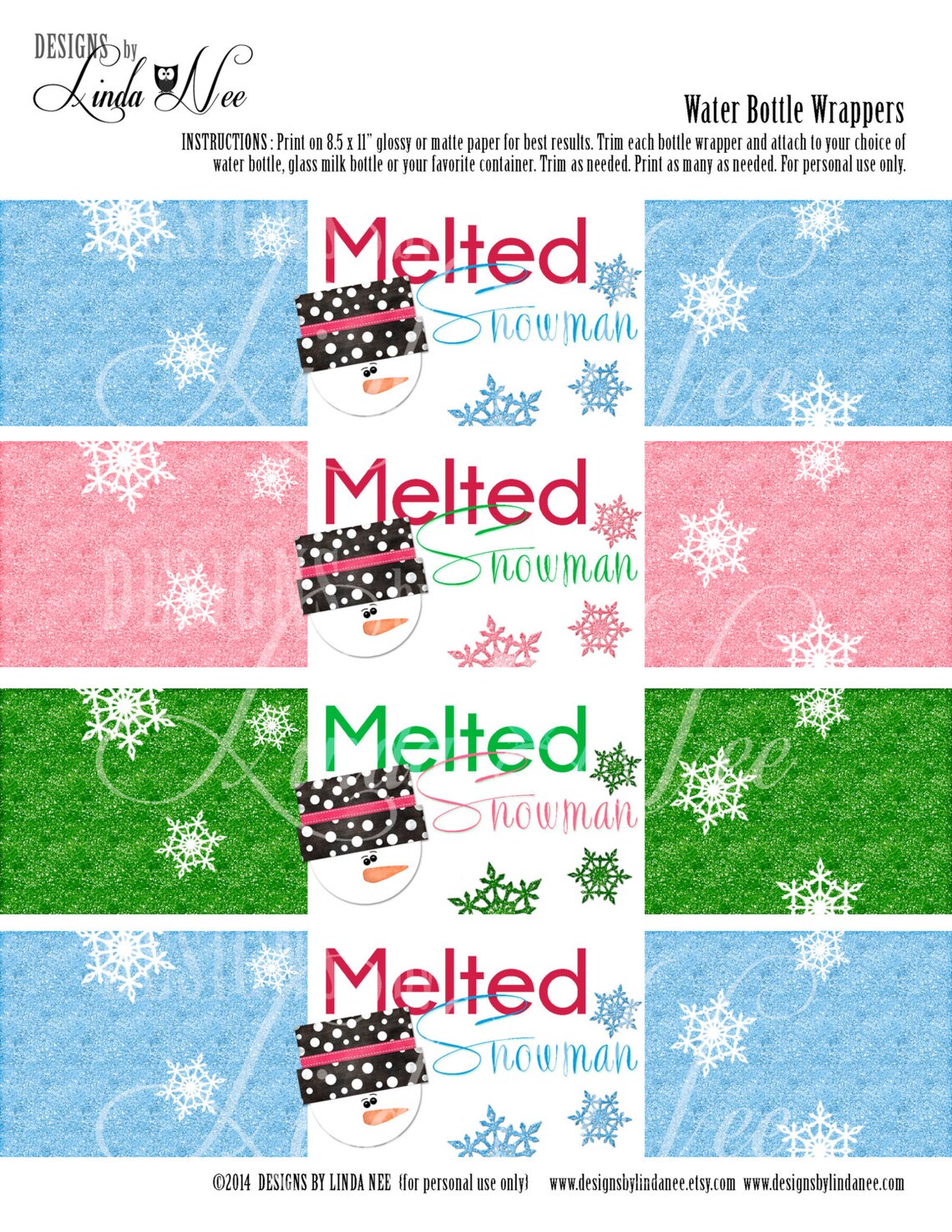 Melted Snowman Water Bottle Wrappers - Pink Green Melting Snowman ...