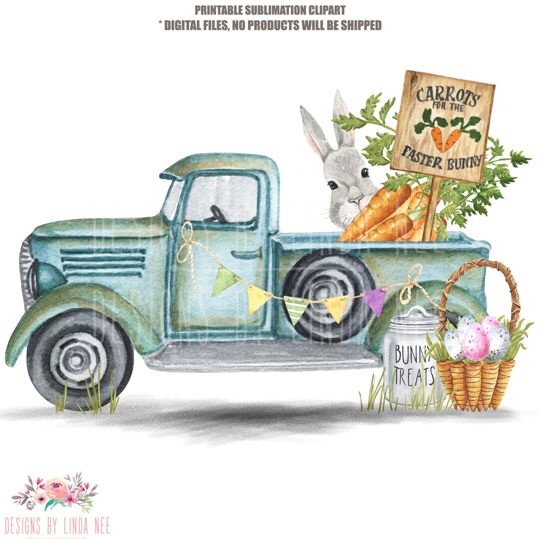 Easter Bunny Truck PNG, Bunny Truck Carrots Watercolor Clipart, Cute ...