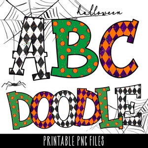 Halloween Doodle Alphabet Bundle, Halloween PNG Letters, Purple Green ...
