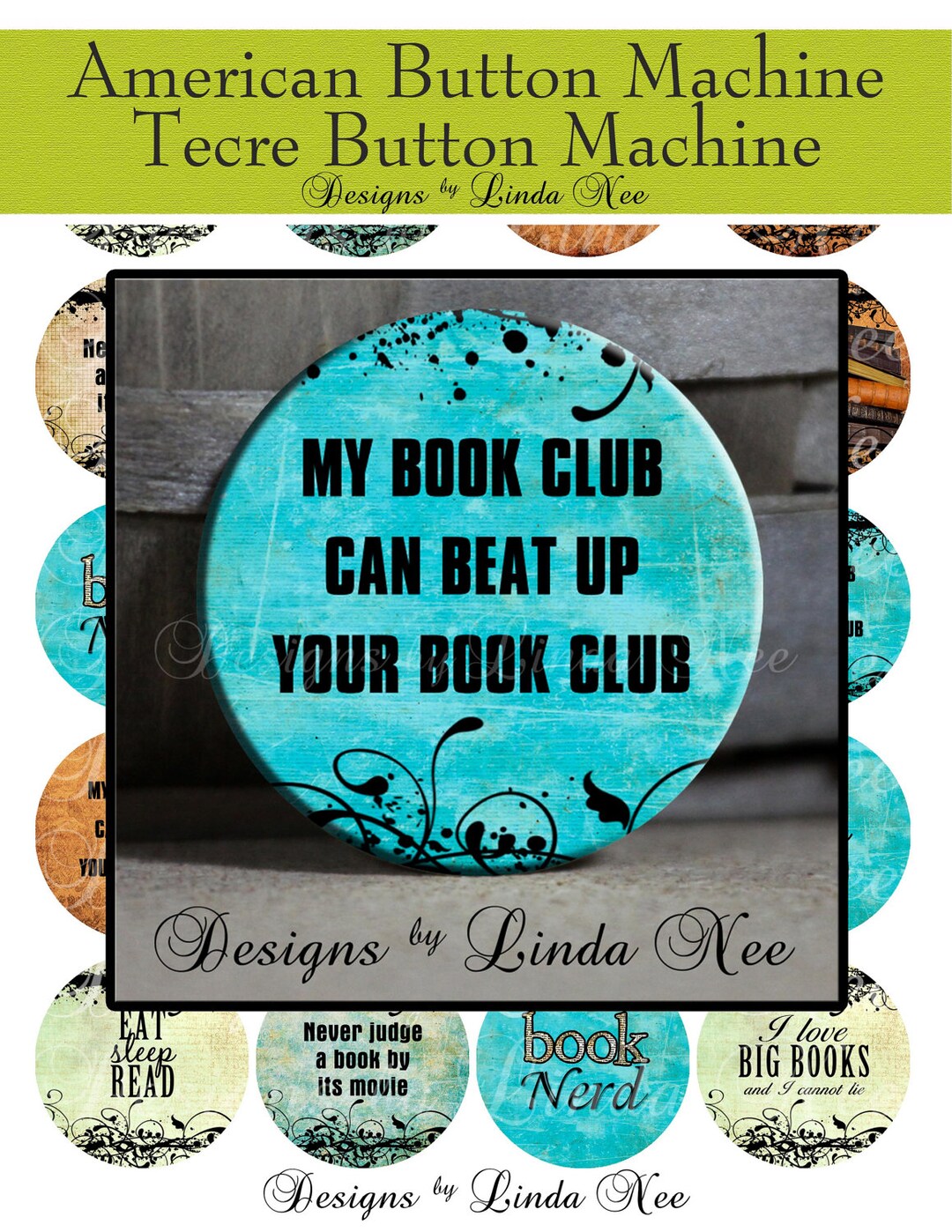 Pinback BUTTON Images 2.25 Inch Round 2.625 Overall Size Book Nerd 1 ...