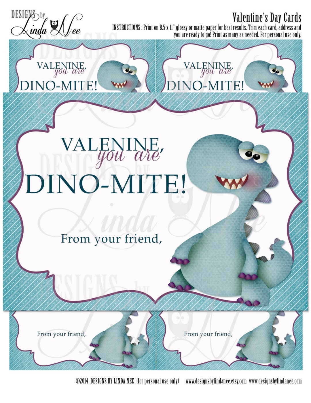 Valentine's Day Card Classroom ~ Dino-mite Valentine's Day Cards (3 X 4 ...