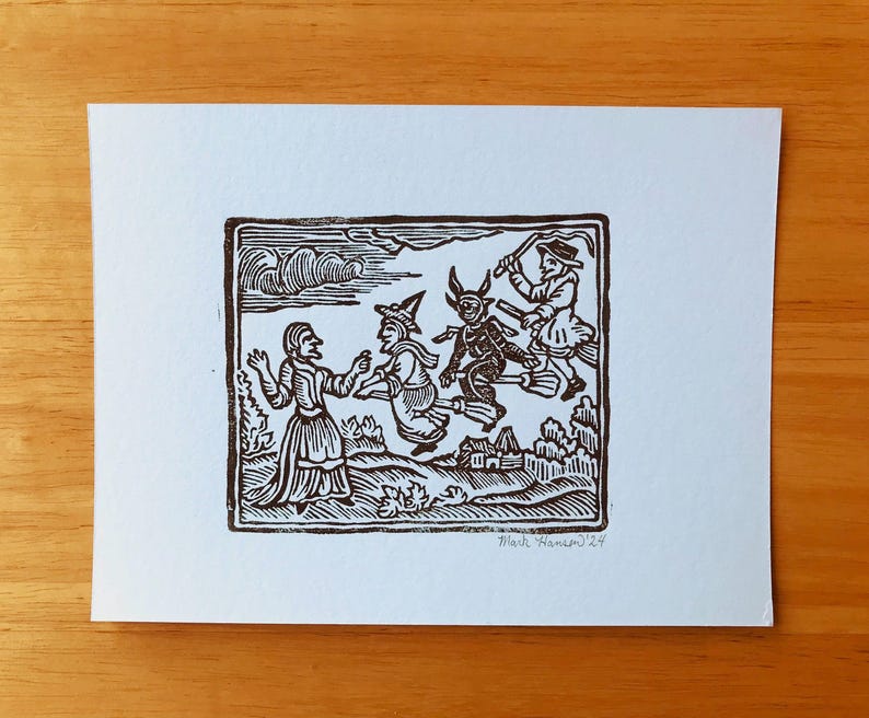 Witches on Brooms Hand Printed Linocut Art Print - Etsy