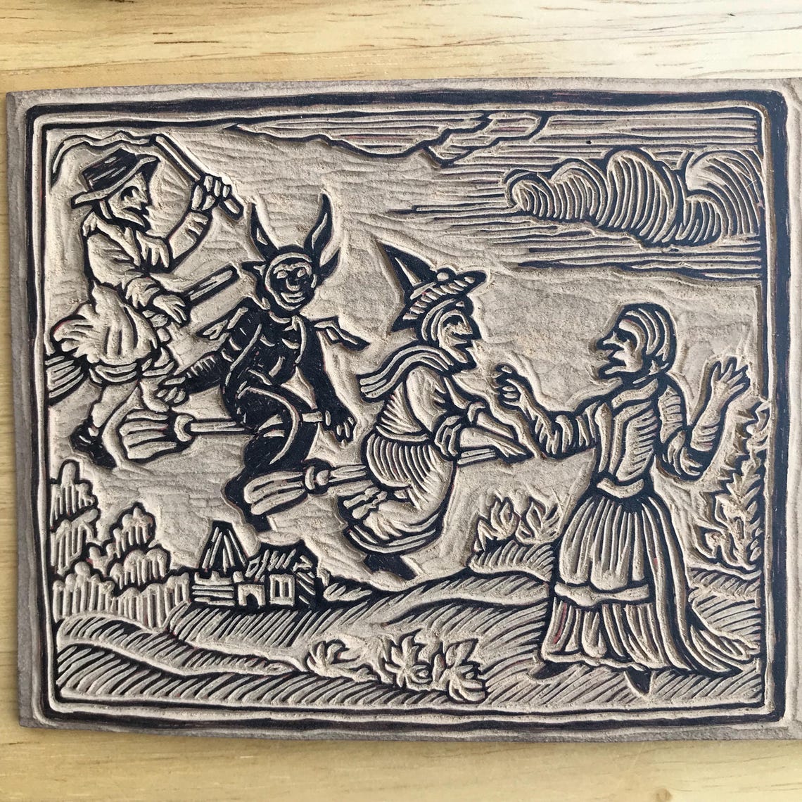 Witches on Brooms Hand Printed Linocut Art Print - Etsy
