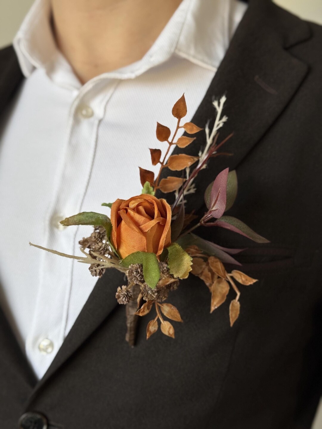 Terracotta Wedding Boutonniere, Orange Rose Boutonniere, Silk Greenery ...