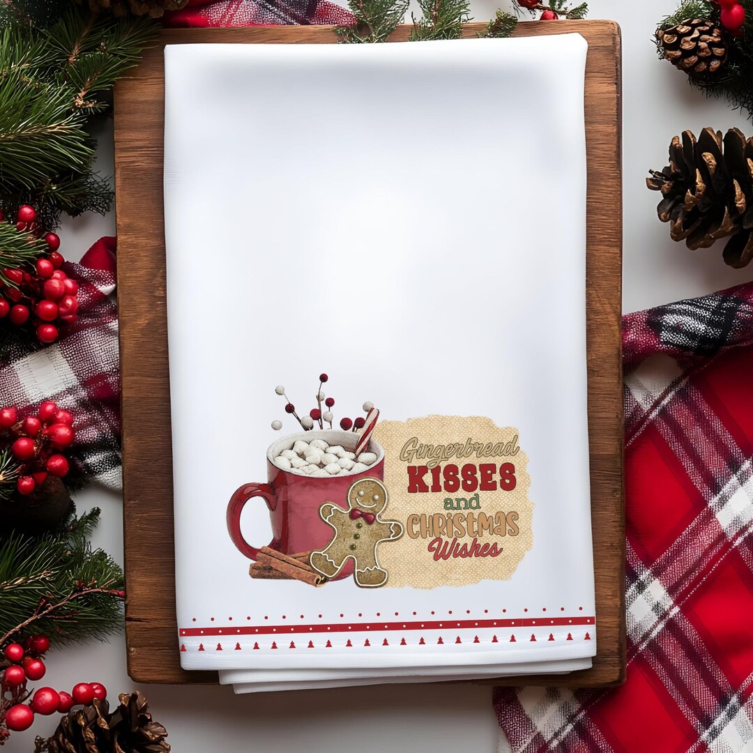 Christmas Tea Towel, Gingerbread Cotton Kitchen Towel, Holiday Dish ...