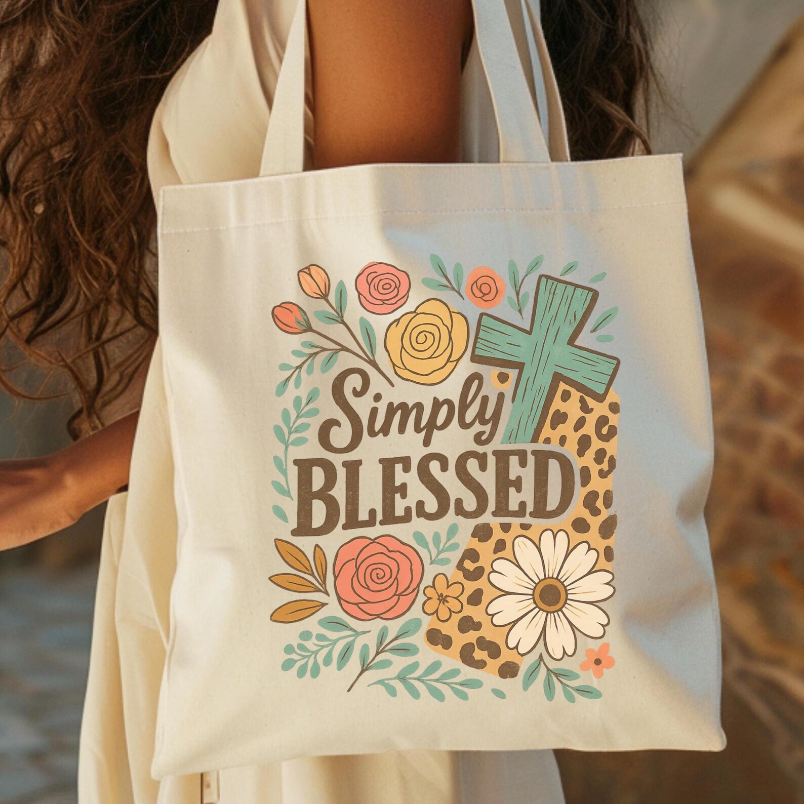 Floral Cross Tote Bag: Simply Blessed Christian Canvas Shopping Bag - Etsy