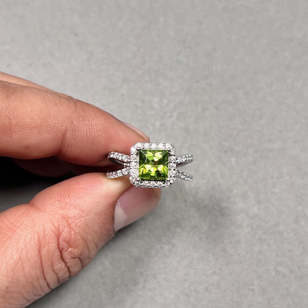 Peridot Ring | 14K White Gold, Princess Cut Gemstone & Diamond Halo - Etsy