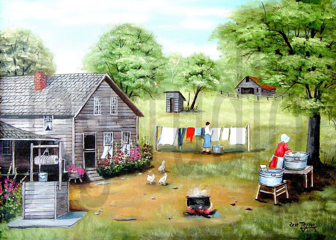Laundry Day Folk Art Print: Americana Country Life Scene - Etsy