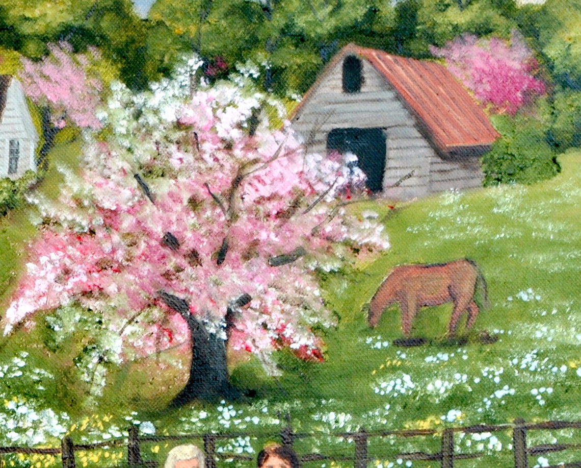 Country Spring Scene Folk Art Print Tea Party Pink Trees | Etsy