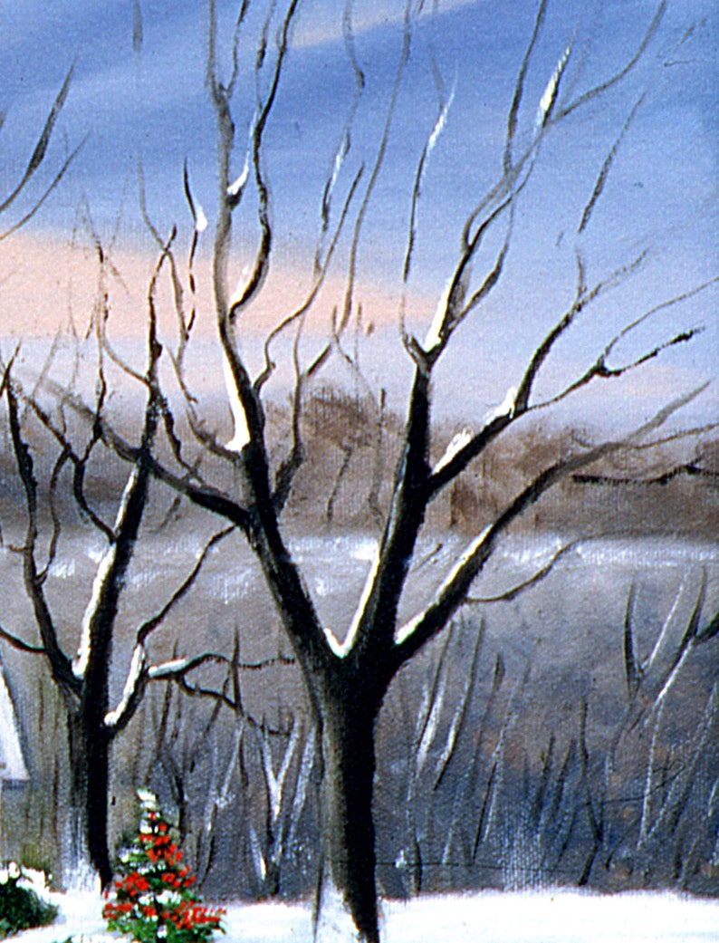 Winter Snow Christmas Landscape Folk Art Print Holly Bushes - Etsy