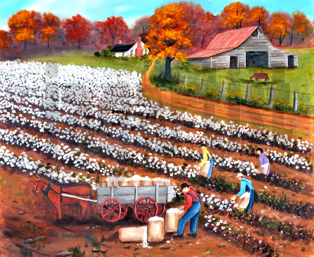 Southern Cotton Field Print: Primitive Folk Art Landscape - Etsy