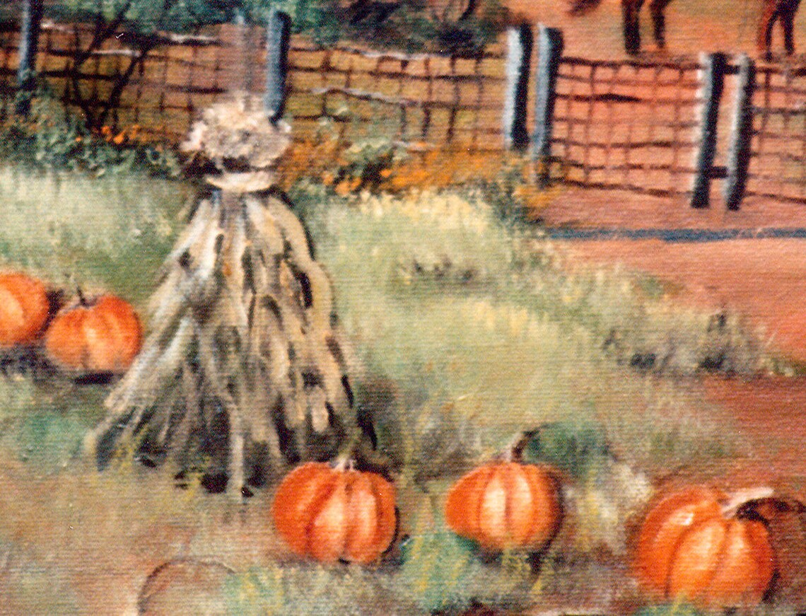 Primitive Fall Folk Art Print Barn Pumpkins Farm Autumn Trees | Etsy