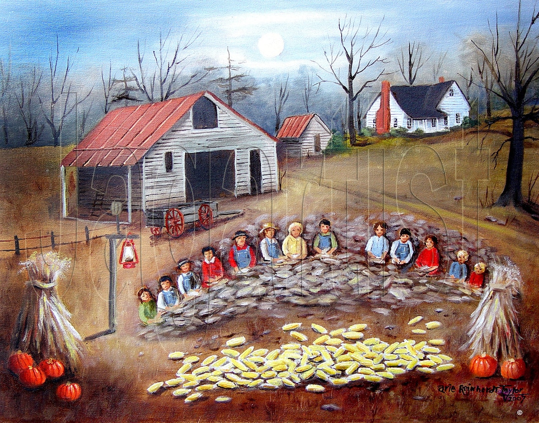 Corn Shucking Folk Art Print: Autumn Country Landscape Painting - Etsy