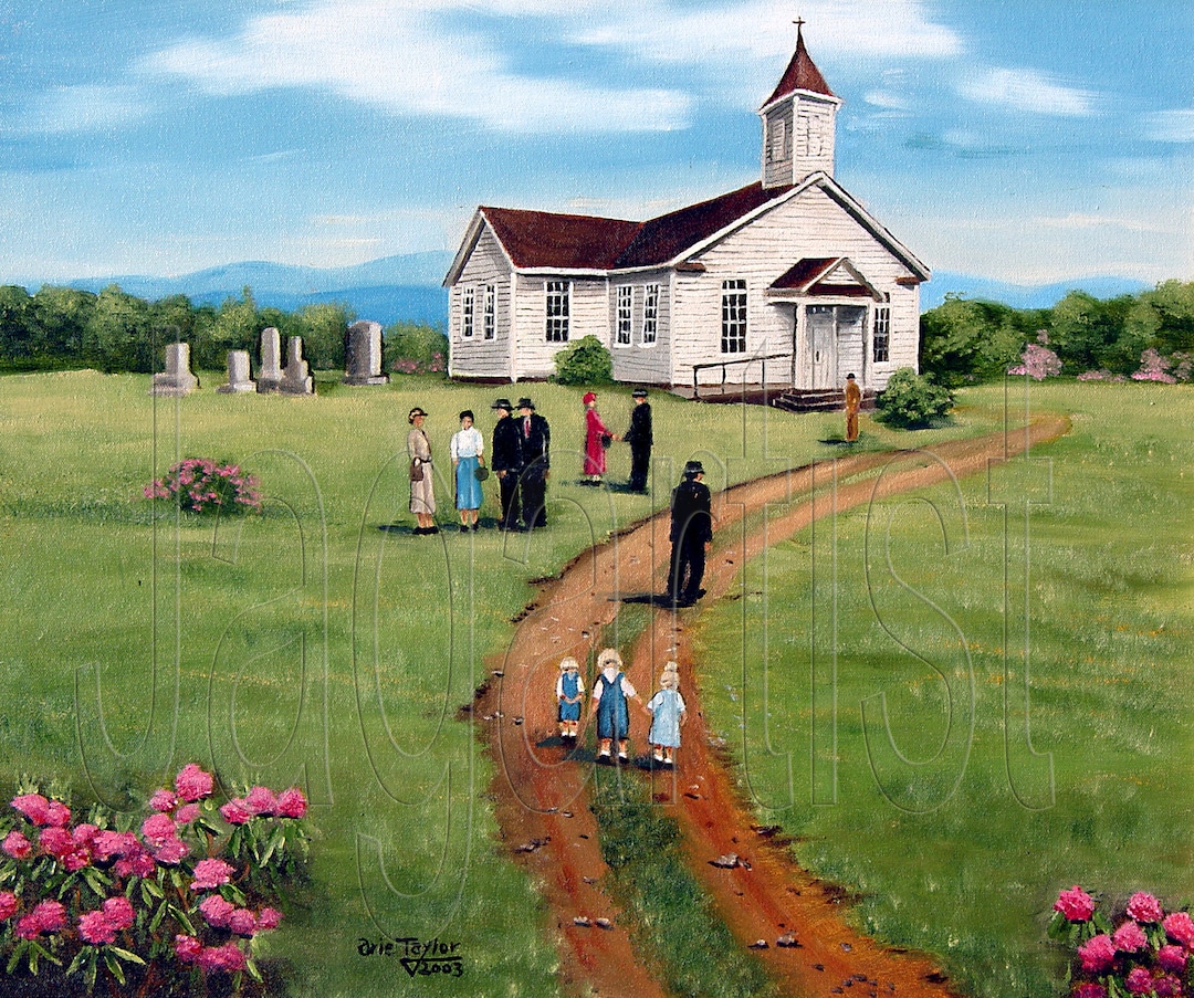 Folk Art Landscape, Americana Primitive Print, Church Gathering ...