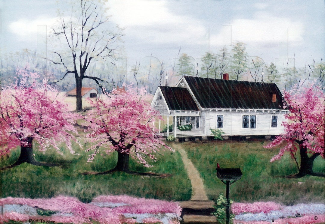 Spring Scene Folk Art Print of Minnie Reinhardt's Home, Pink Dogwood ...