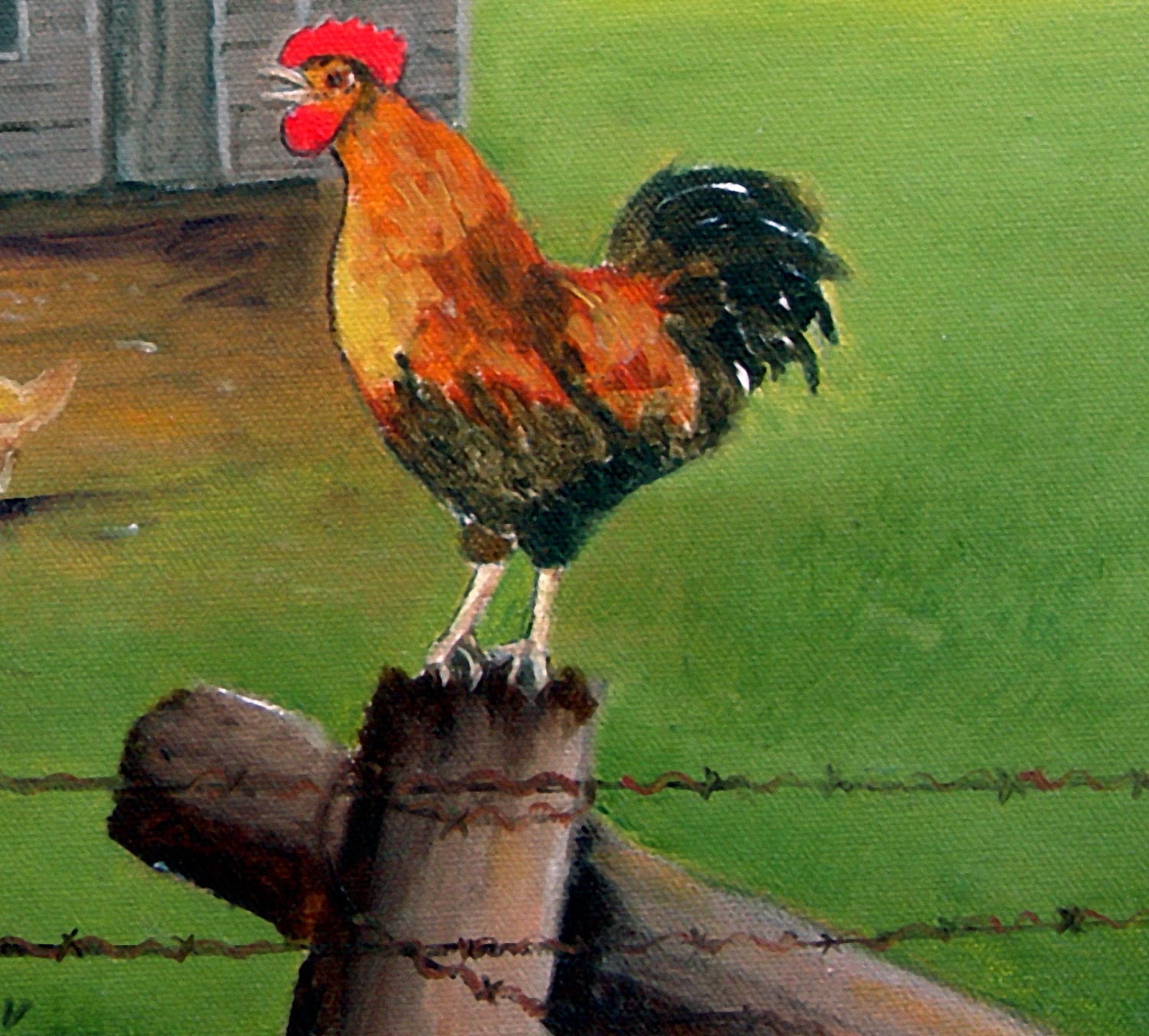 Red Rooster Folk Art Painting Barb Wire Post Hens Chicken | Etsy