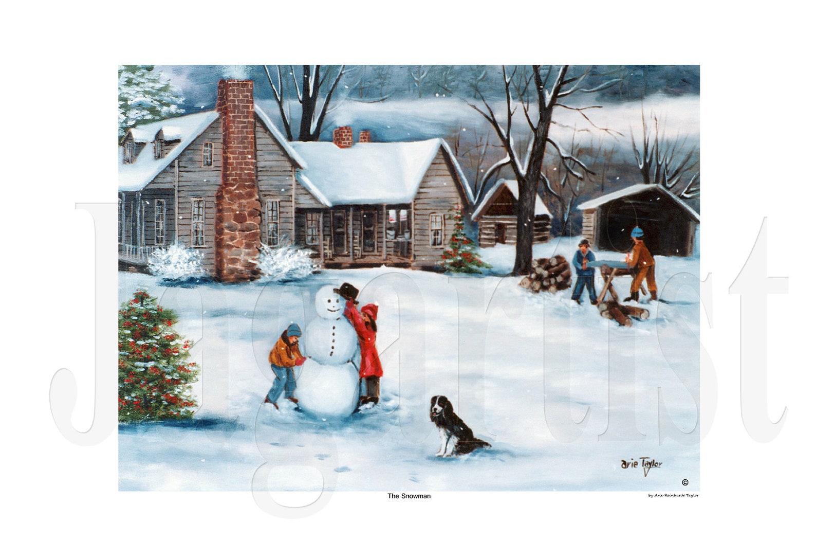 Winter Snow Scene Print: Children Building Snowman, Folk Art Painting ...