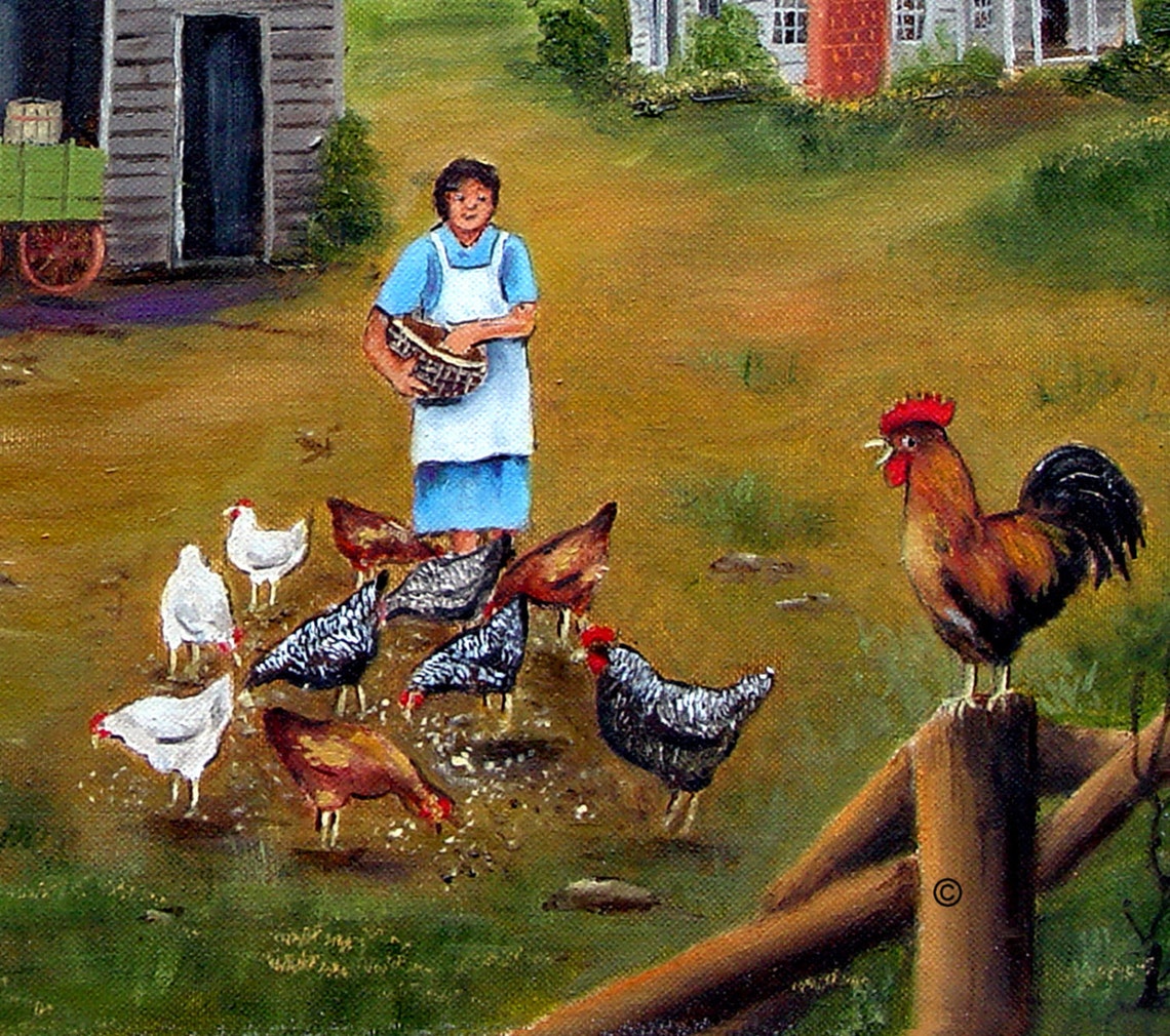 Folk Art Landscape Country Scene Sunrise Chicken Art Print | Etsy