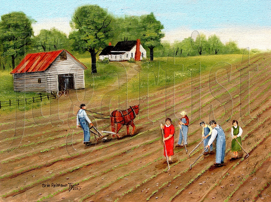 Primitive Folk Art Print: Rural Farm Scene, Farmers Plowing Cotton - Etsy