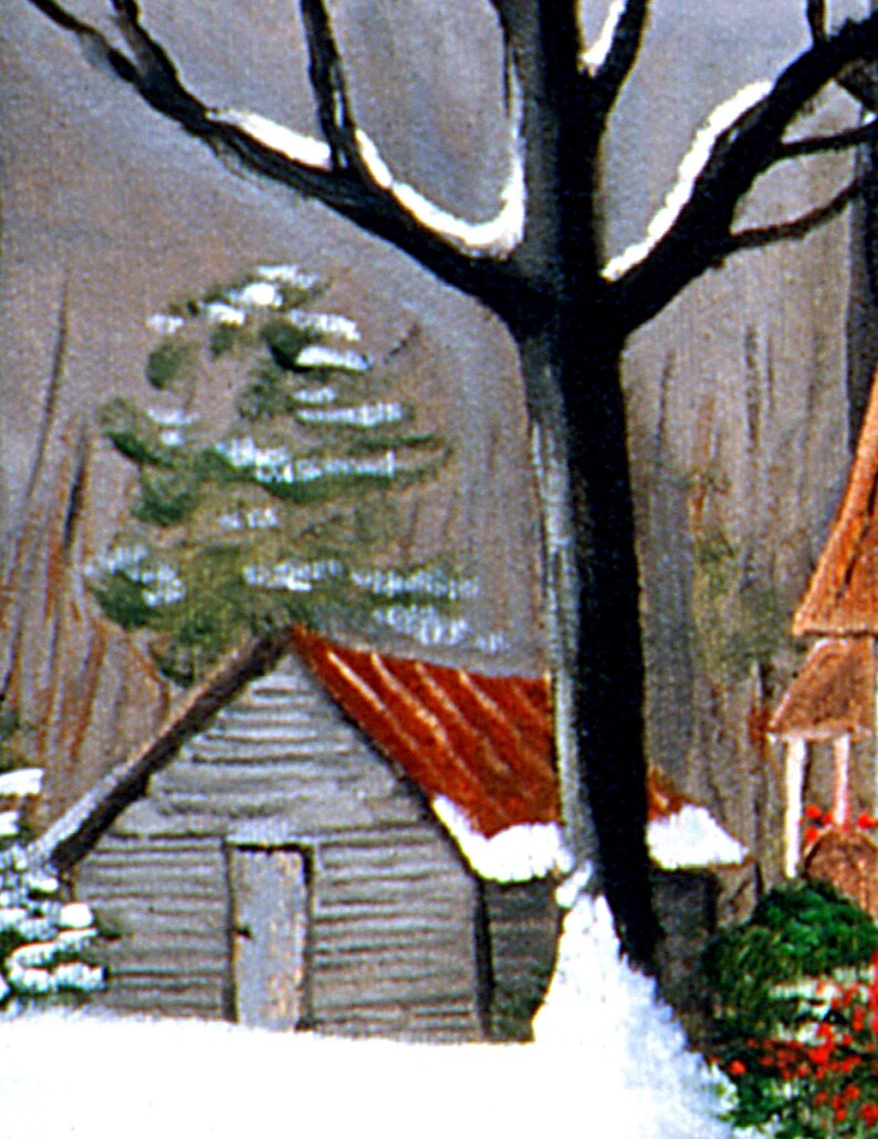 Winter Snow Christmas Landscape Folk Art Print Holly Bushes - Etsy