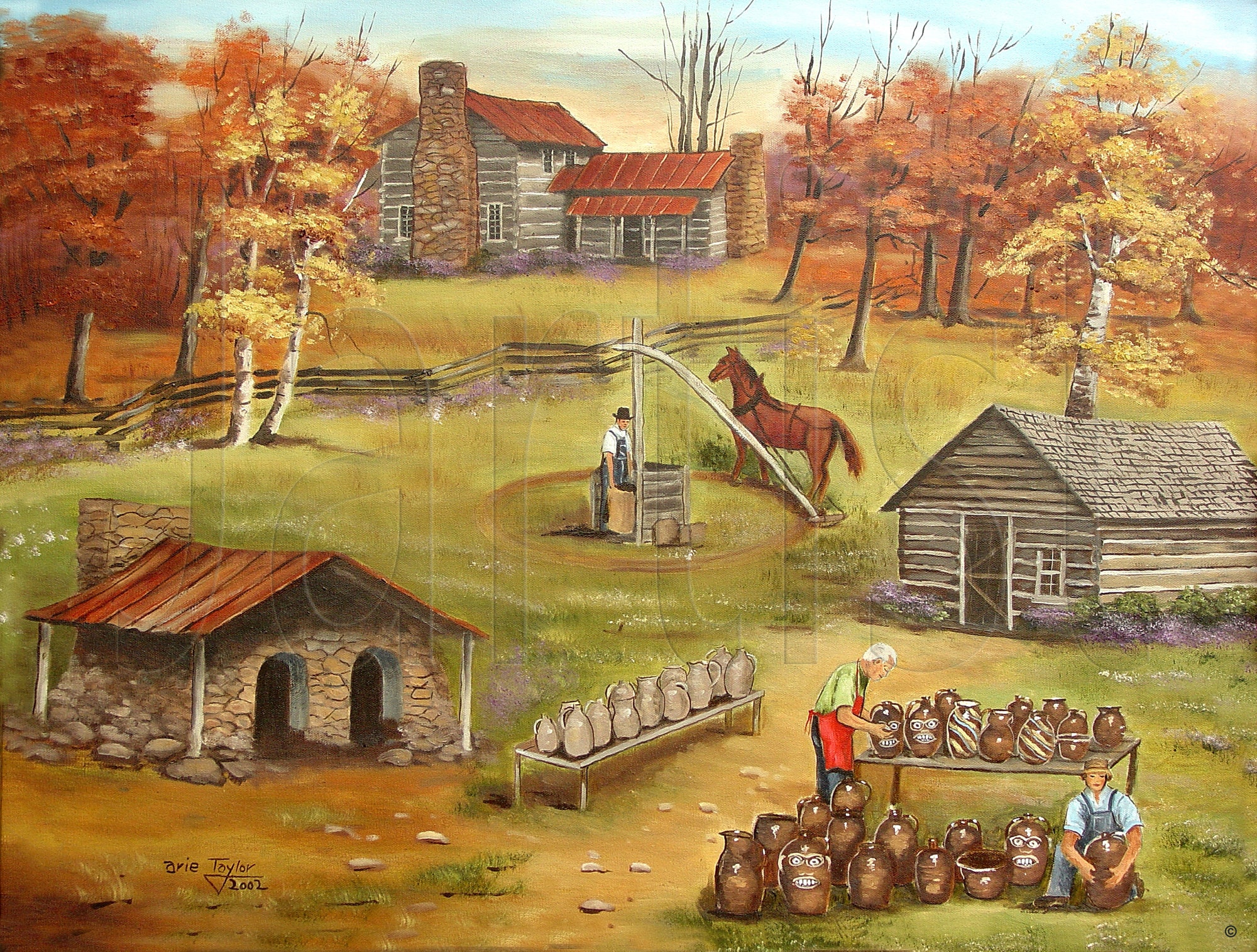 Americana Primitive Folk Art Pottery Prints Autumn Scenes | Etsy