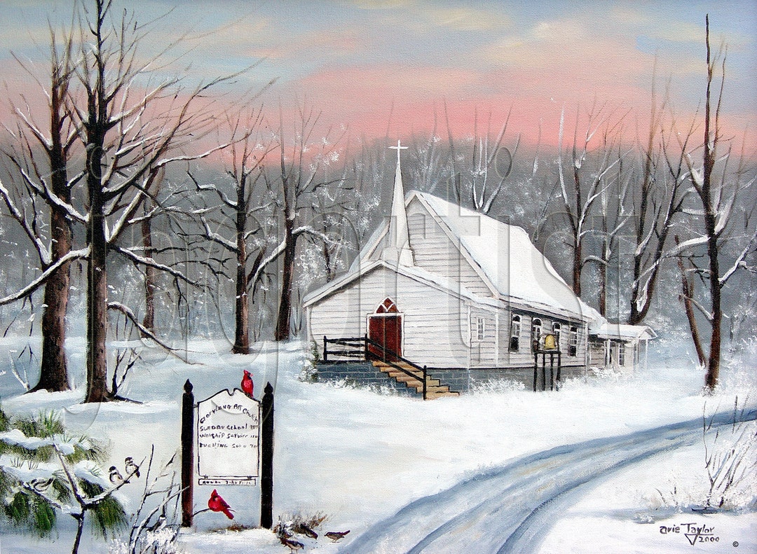 Winter Church Snow Scene Art Print: North Carolina Folk Art - Etsy