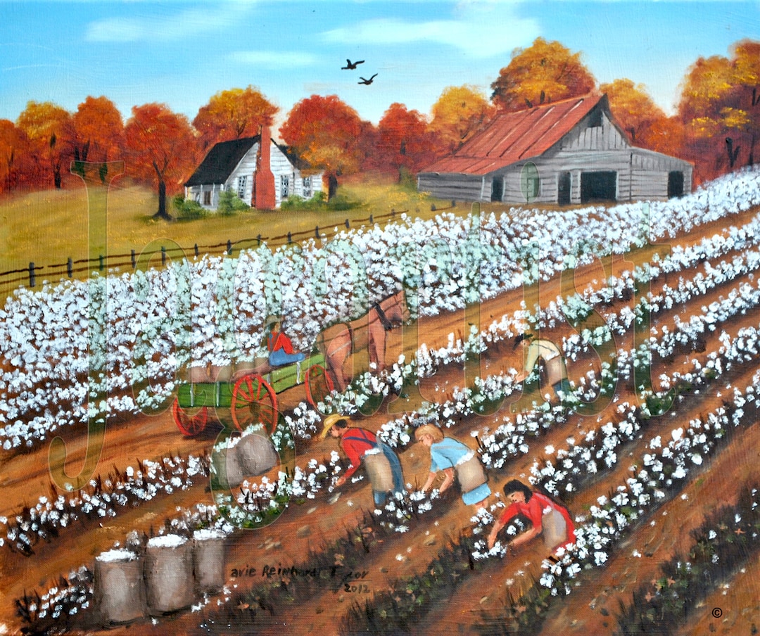 Southern Cotton Field America Primitive Folk Art Landscape Print Autumn ...