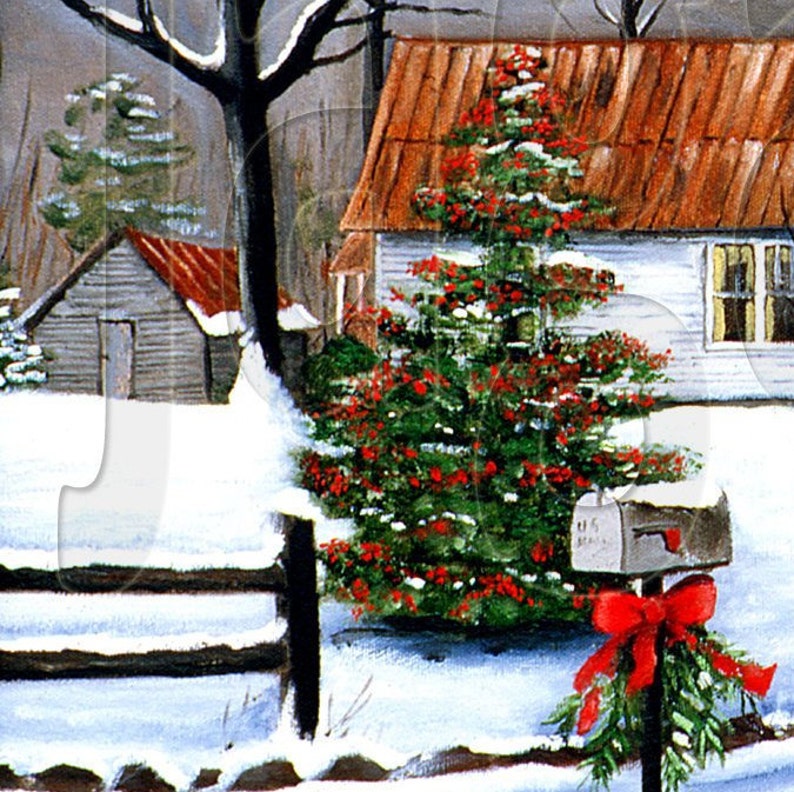 Winter Snow Christmas Landscape Folk Art Print Holly Bushes - Etsy