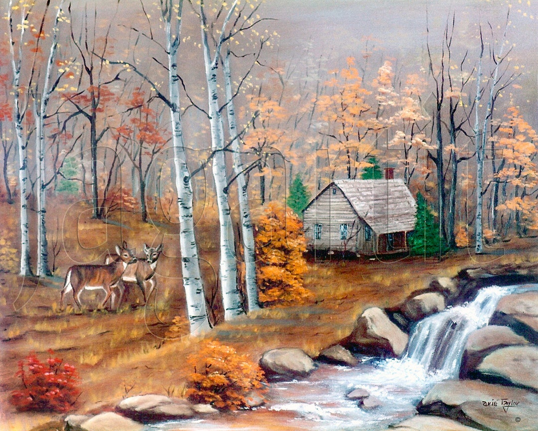 Primitive Autumn Landscape Art Print: Log Cabin, Deer, Birch Tree - Etsy