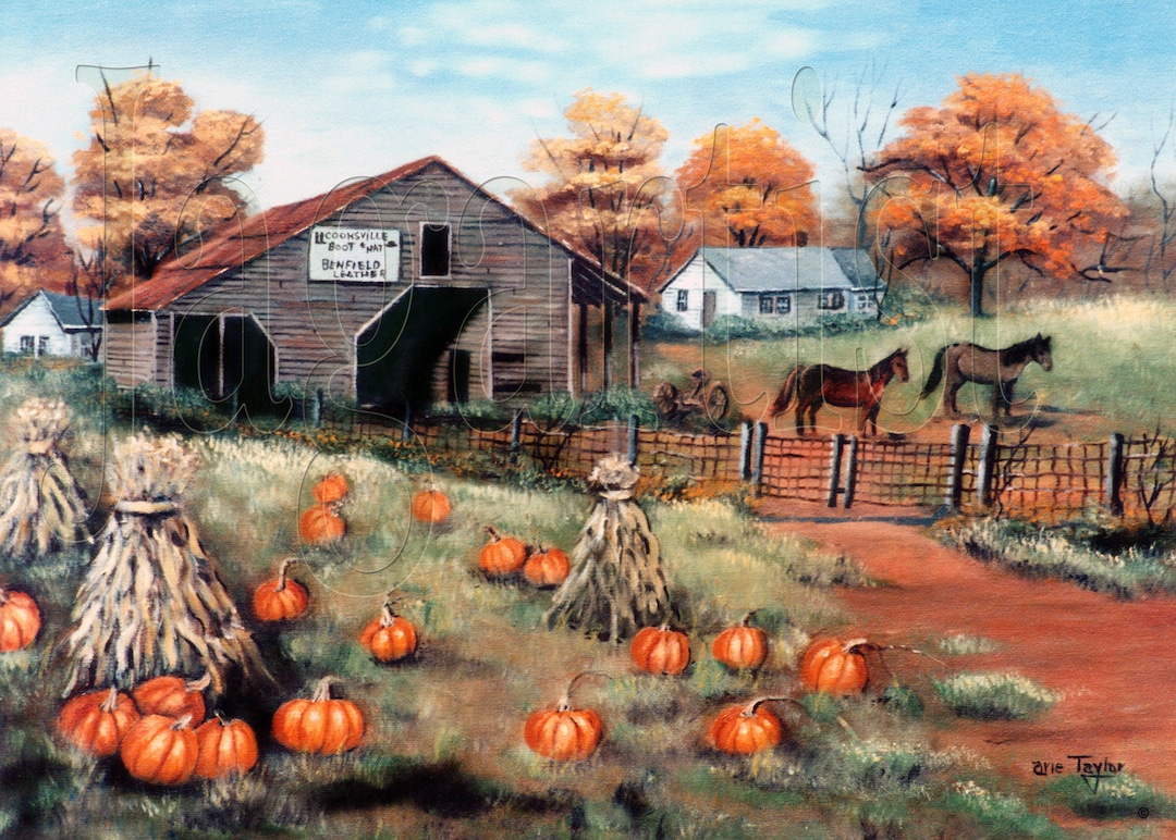 Barn Pumpkins Primitive Fall Folk Art Print Farm Autumn Trees, Horse ...