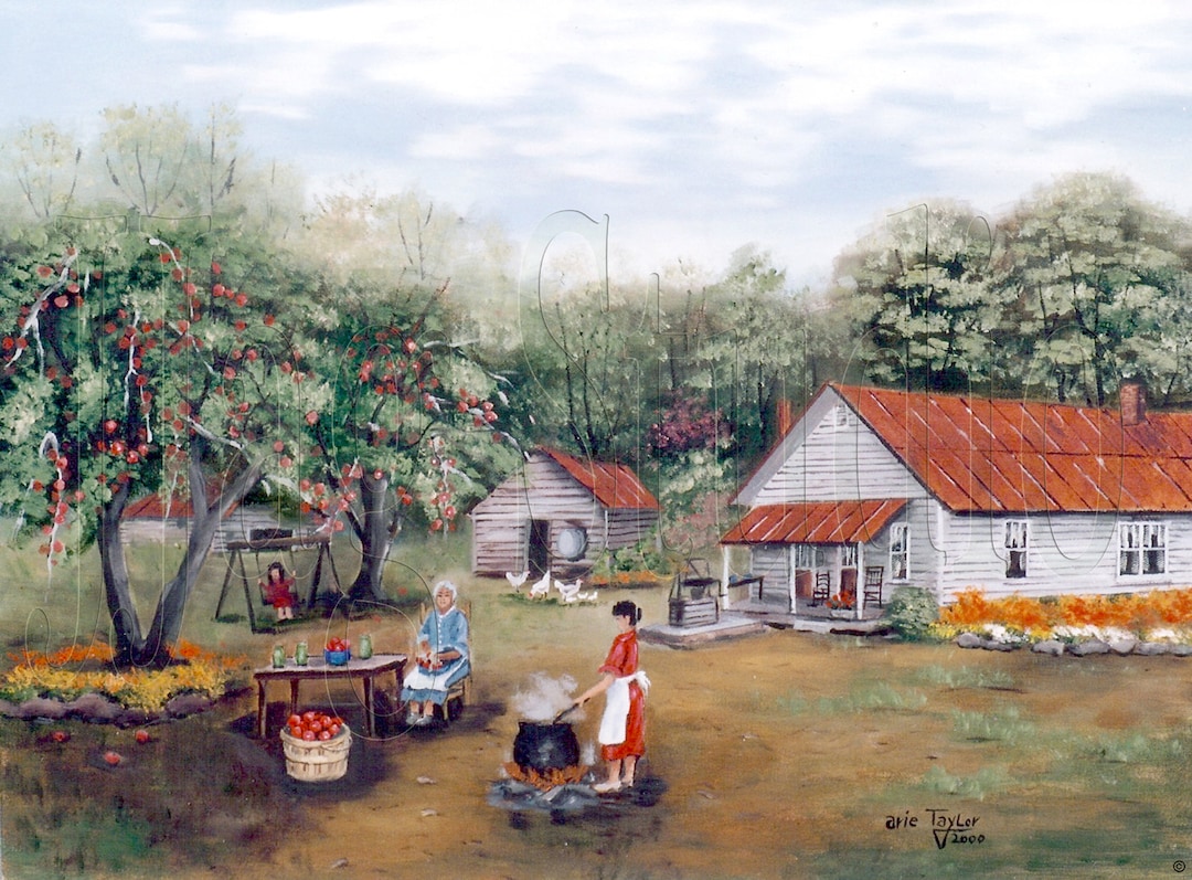 Primitive Folk Art Print: Making Apple Butter, Southern Farmhouse Scene ...