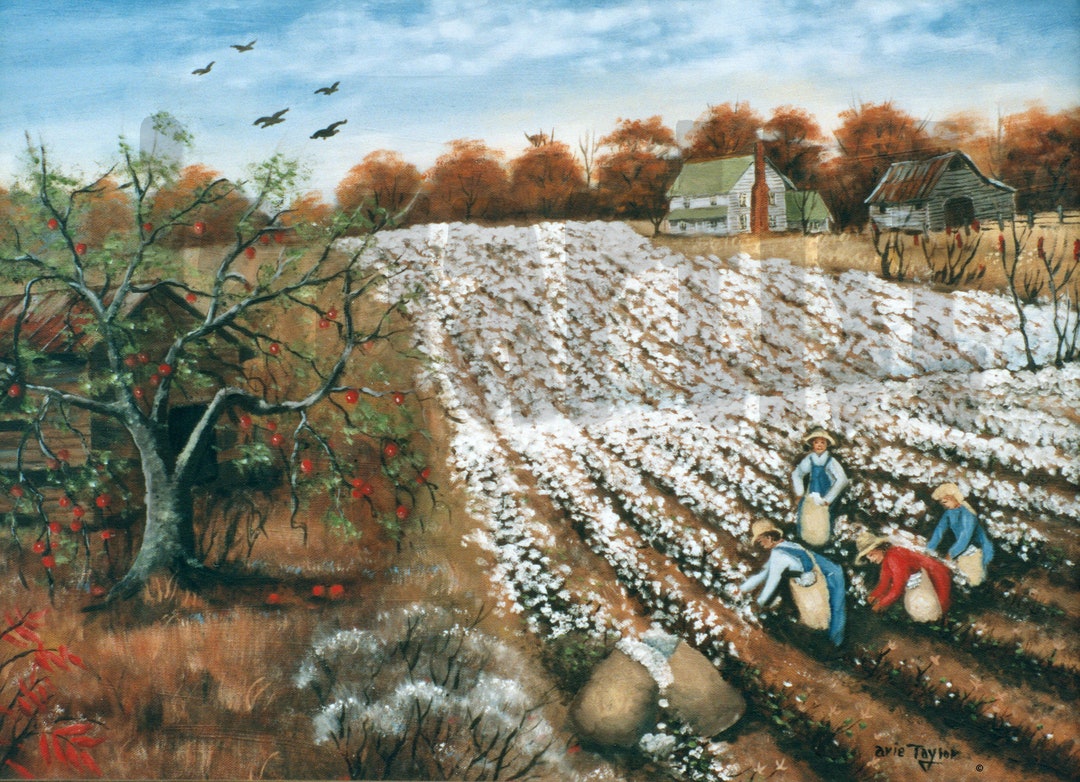 Cotton Field Print: Southern Folk Art Landscape, Autumn Harvest - Etsy