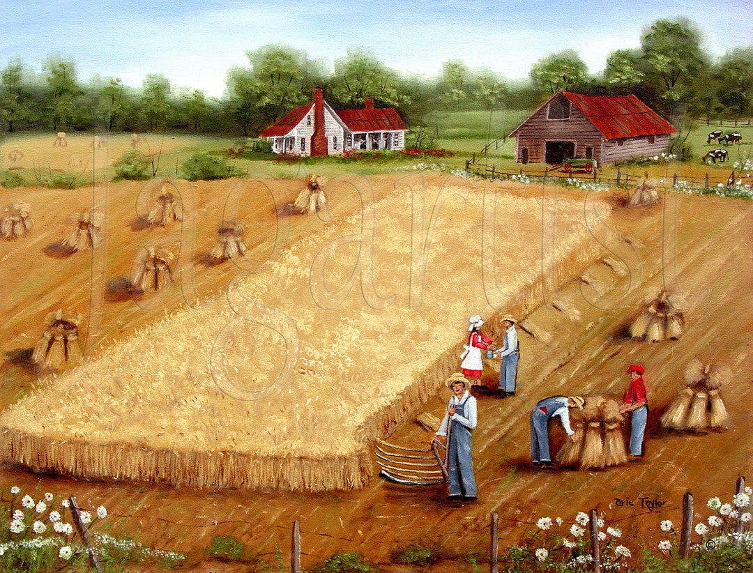 Folk Art Print Primitive Wheat Field Landscape, 1800's Barn, Cutting ...