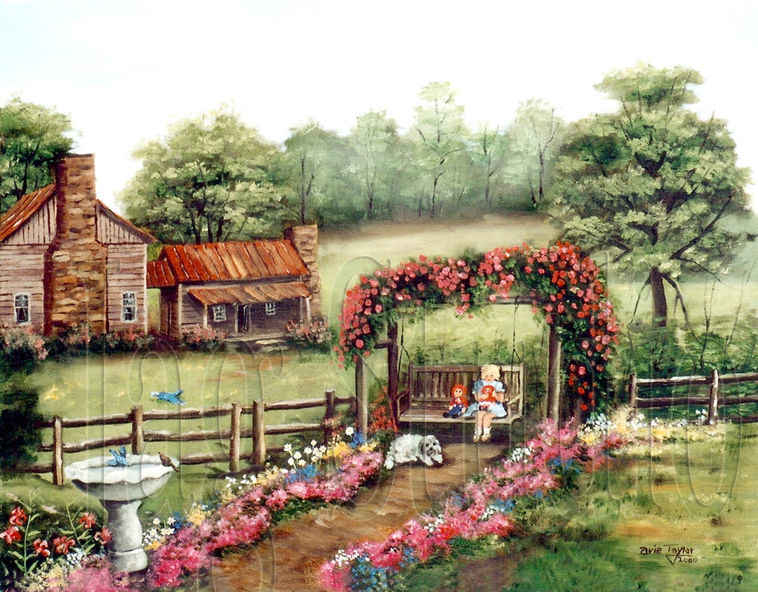 Folk Art Painting, Primitive Art Prints Roses Birdbath Flower Paintings ...