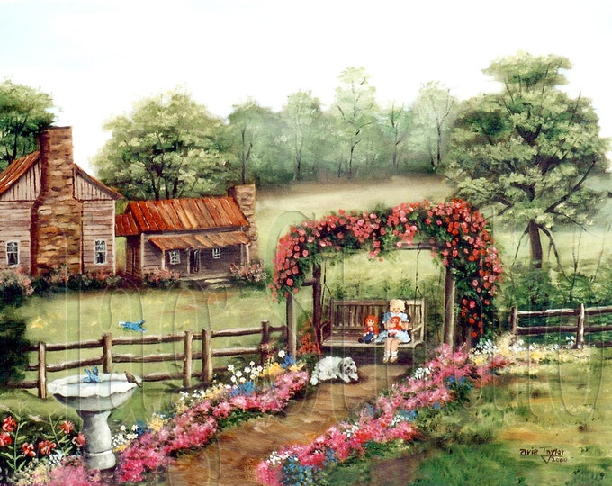 Folk Art Painting, Primitive Art Prints Roses Birdbath Flower Paintings ...