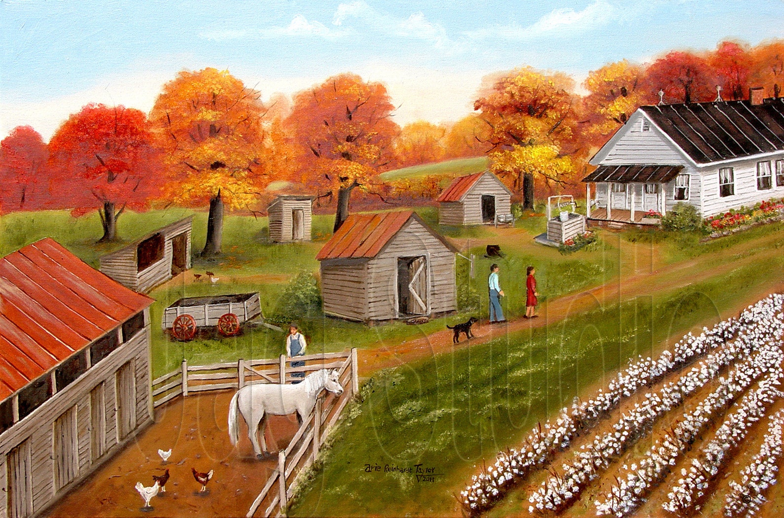 Fall Folk Art Prints Original Landscape Painting Cotton Field, Outhouse ...