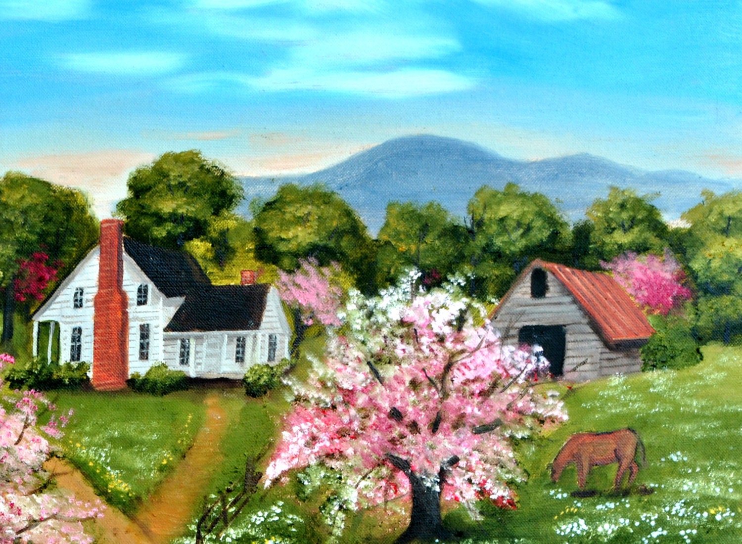 Country Spring Scene Folk Art Print Tea Party Pink Trees - Etsy