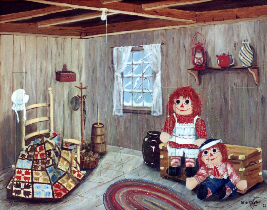 Folk Art Print Raggedy Ann Andy Quilt Butter Churn Red Lantern ...