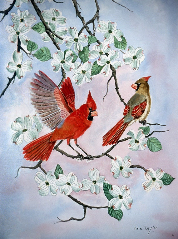 Cardinal Spring Art Watercolor Print Wall Decor Dogwood Red | Etsy