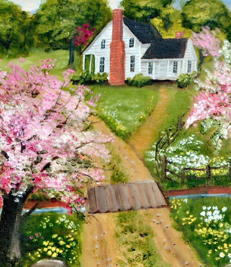 Country Spring Scene Folk Art Print Tea Party Pink Trees - Etsy