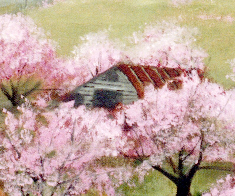 Spring Folk Art Print Peach Apple Orchard Pink Trees Old | Etsy