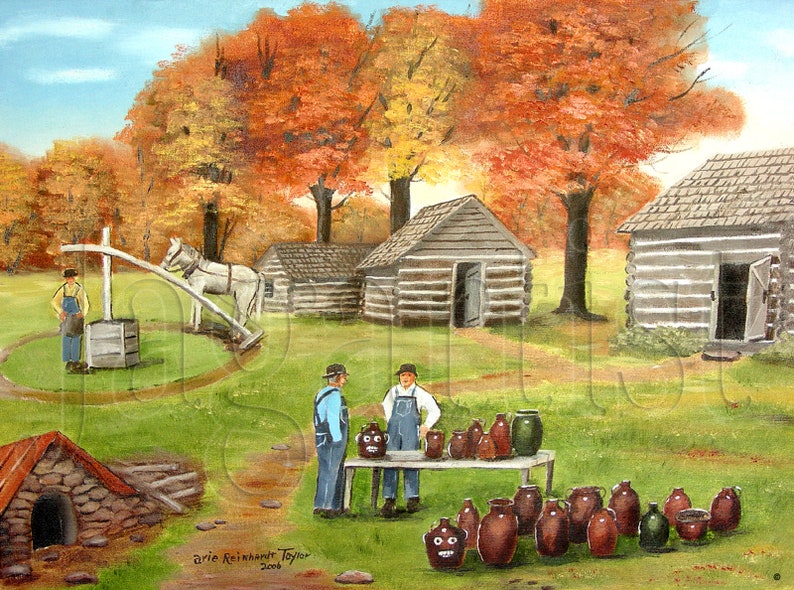 Autumn Folk Art Pottery Print Primitive Painting Catawba - Etsy