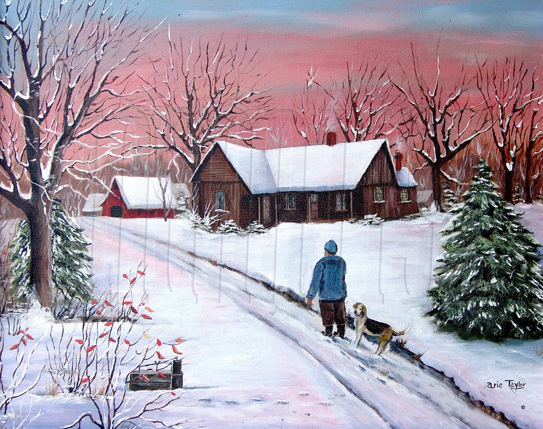Southern Primitive Folk Art Snow Winter Sunrise Sunset Art/man and Dog ...