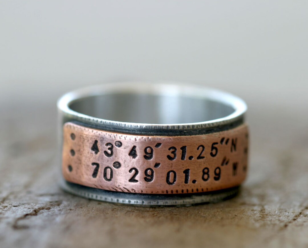 Latitude Longitude Wedding Ring Mixed Metal Band (E0210) - Etsy